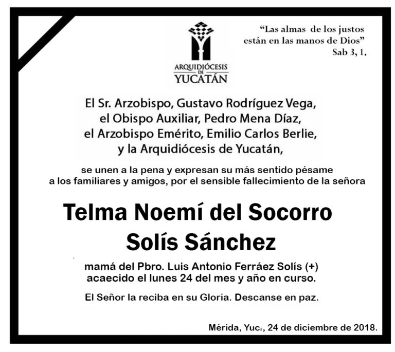 Esquela - Telma Noemí del Socorro Solís Sánchez - Arquidiócesis de Yucatán